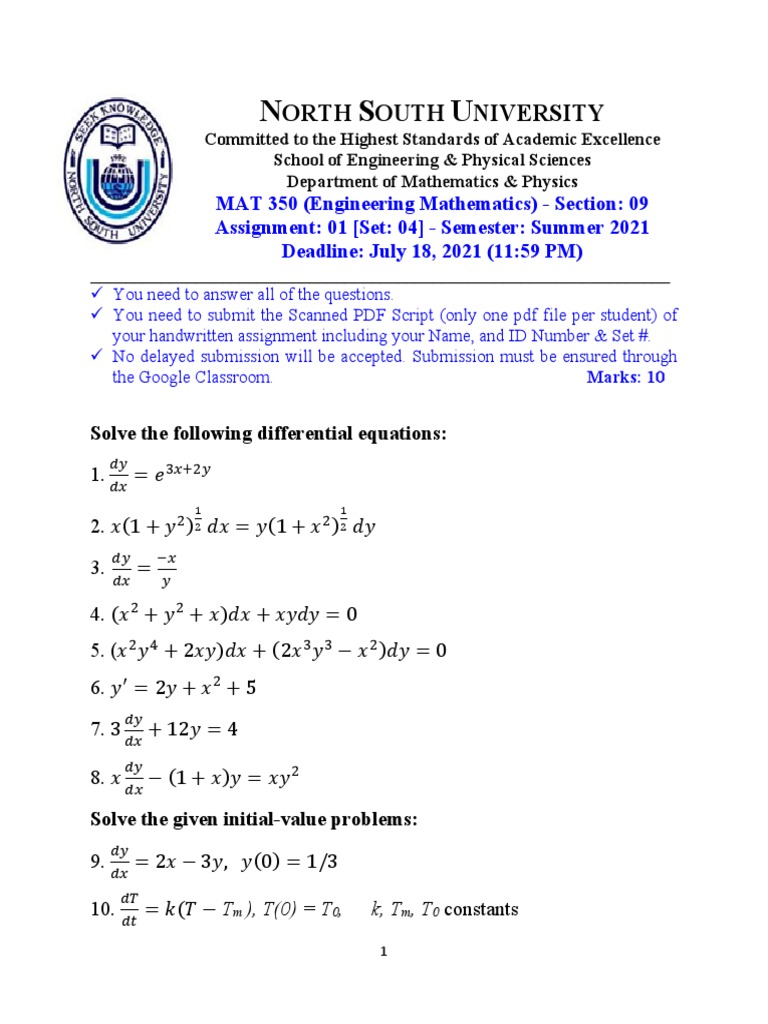 MAT 350.09 - Assignment 01 (Set 04) - Summer 2021 - Prof. Dr. M Manirul ...