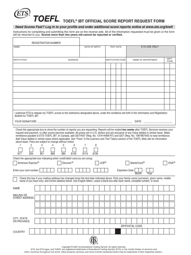 TOEFL Additional Score Report Request Form | PDF | Debit Card | Credit Card