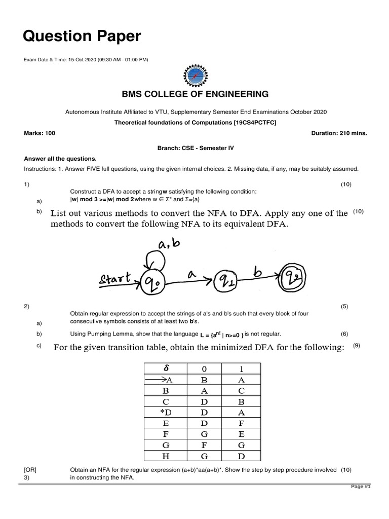 Question Paper: Bms College of Engineering | PDF | Regular Expression ...