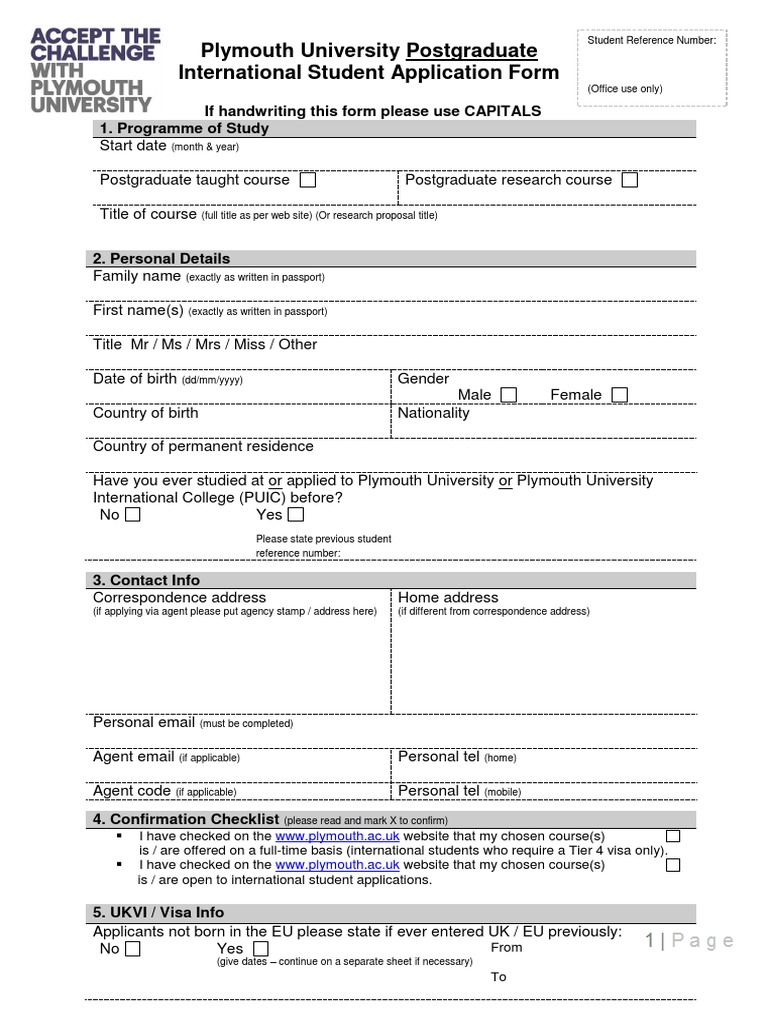 Plymouth University Postgraduate International Student Application Form | PDF | Disability