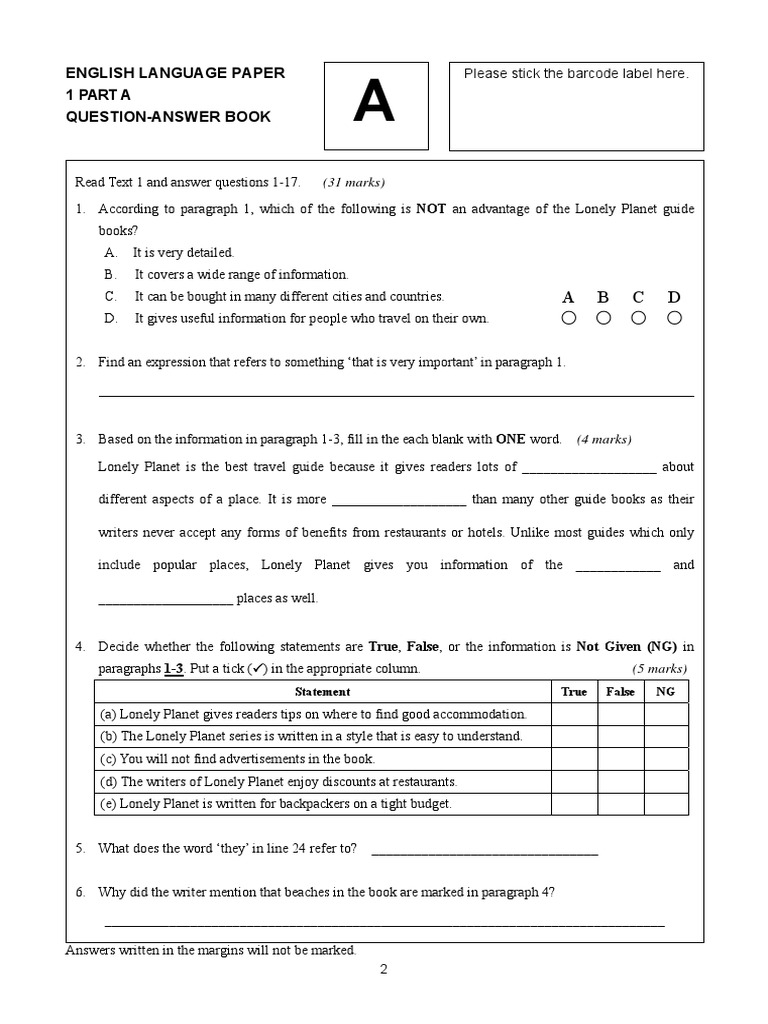 1920 S4 T1 Revision Paper (Reading) - Question-Answer Book | PDF | Guide Book | Lonely Planet