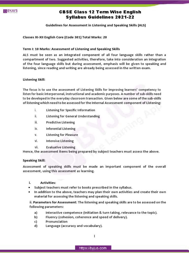 CBSE Class 12 Term Wise English Syllabus Guidelines 2021 22 | PDF ...