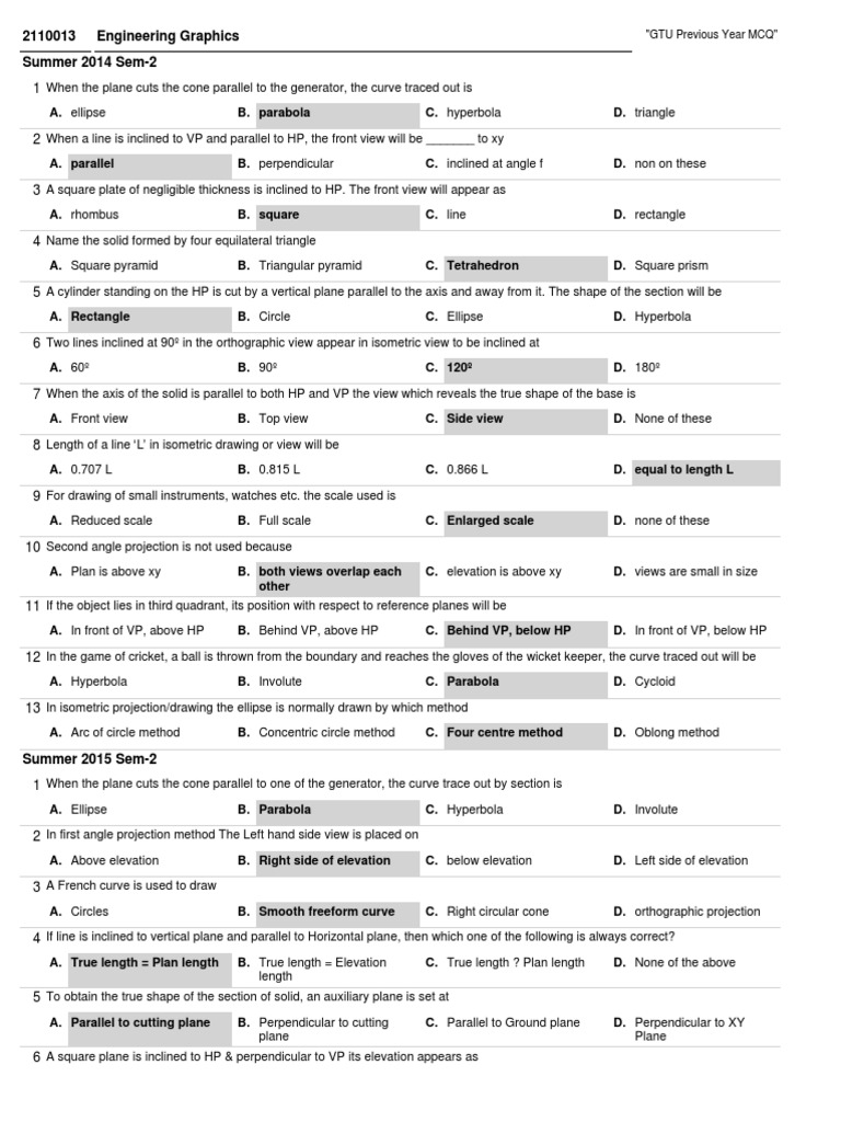 GTU Previous Year MCQ Engineering Graphics | PDF | Ellipse | Perpendicular