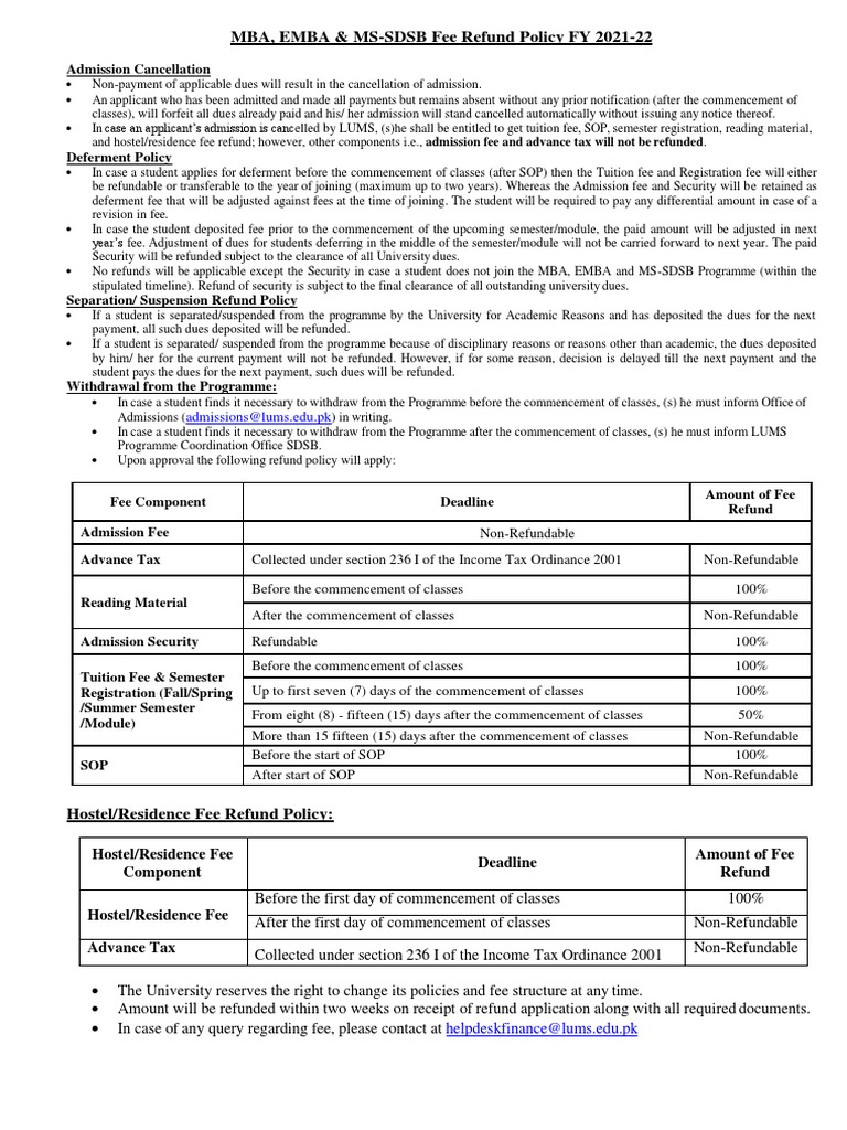 MBA, EMBA & MS-SDSB Fee Hostel Refund Policy FY 2021-2022 | PDF | Fee | Master Of Business ...
