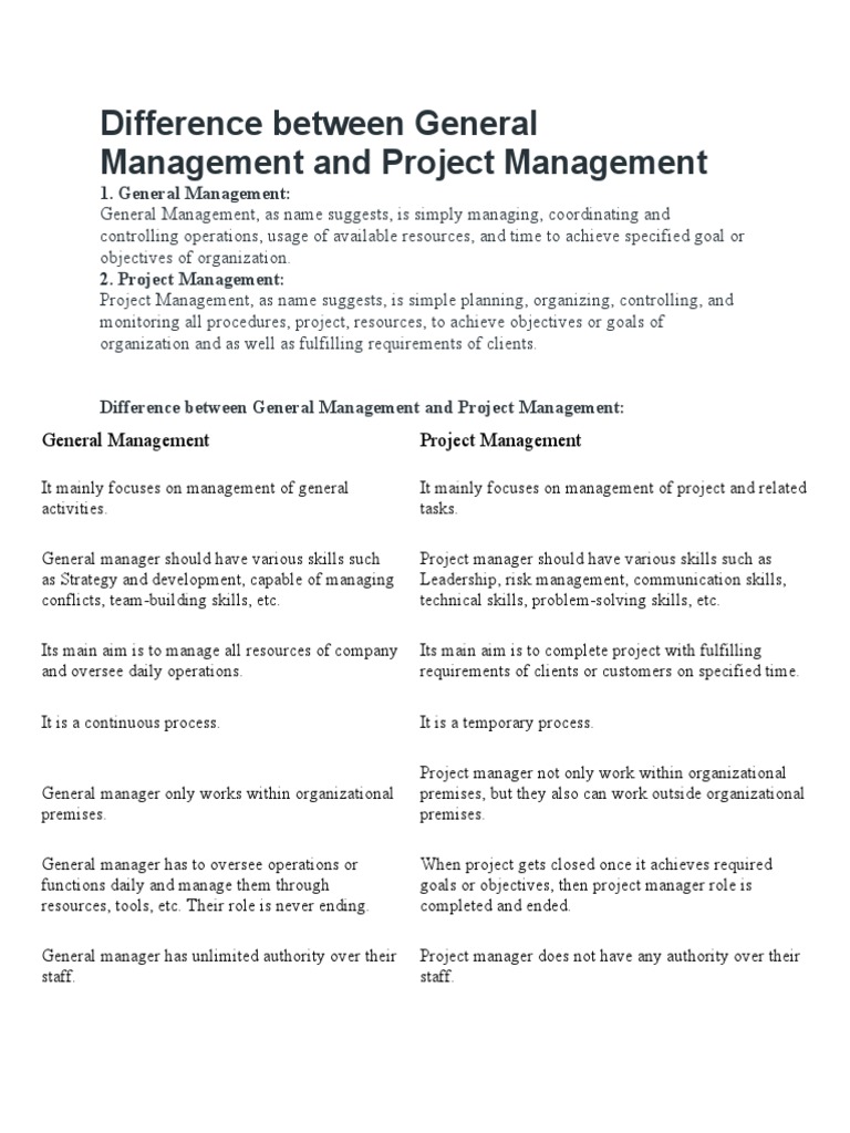 Difference Between General Management and Project Management | PDF ...