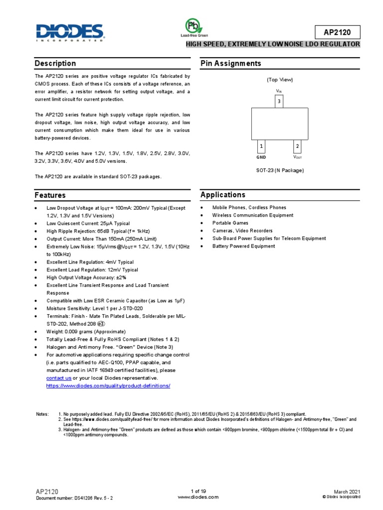AP2120 Description Pin Assignments: High Speed, Extremely Low Noise Ldo Regulator | PDF ...