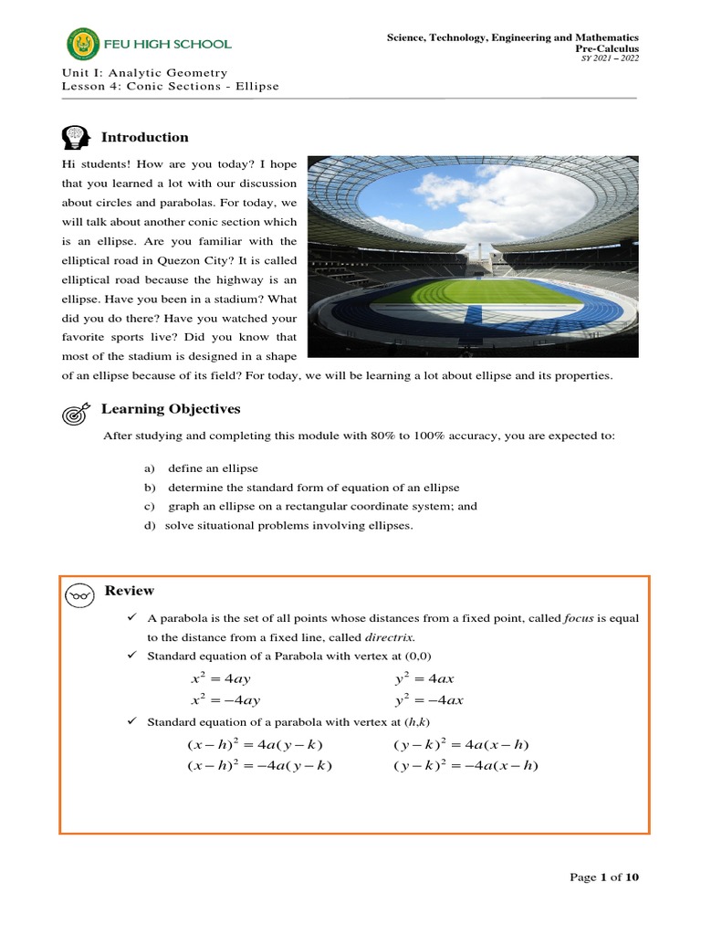 Study Guide 1.4 - Conic Sections Ellipse | PDF | Ellipse | Geometry