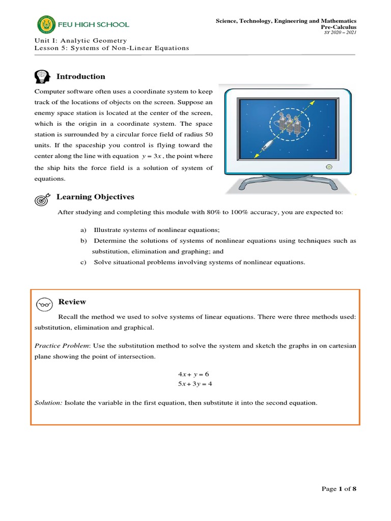 Study Guide 1.6 - Systems of Non-Linear Equation | PDF | Equations ...