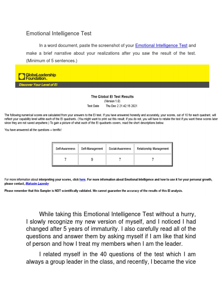 Emotional Intelligence Test | PDF | Emotions | Intelligence