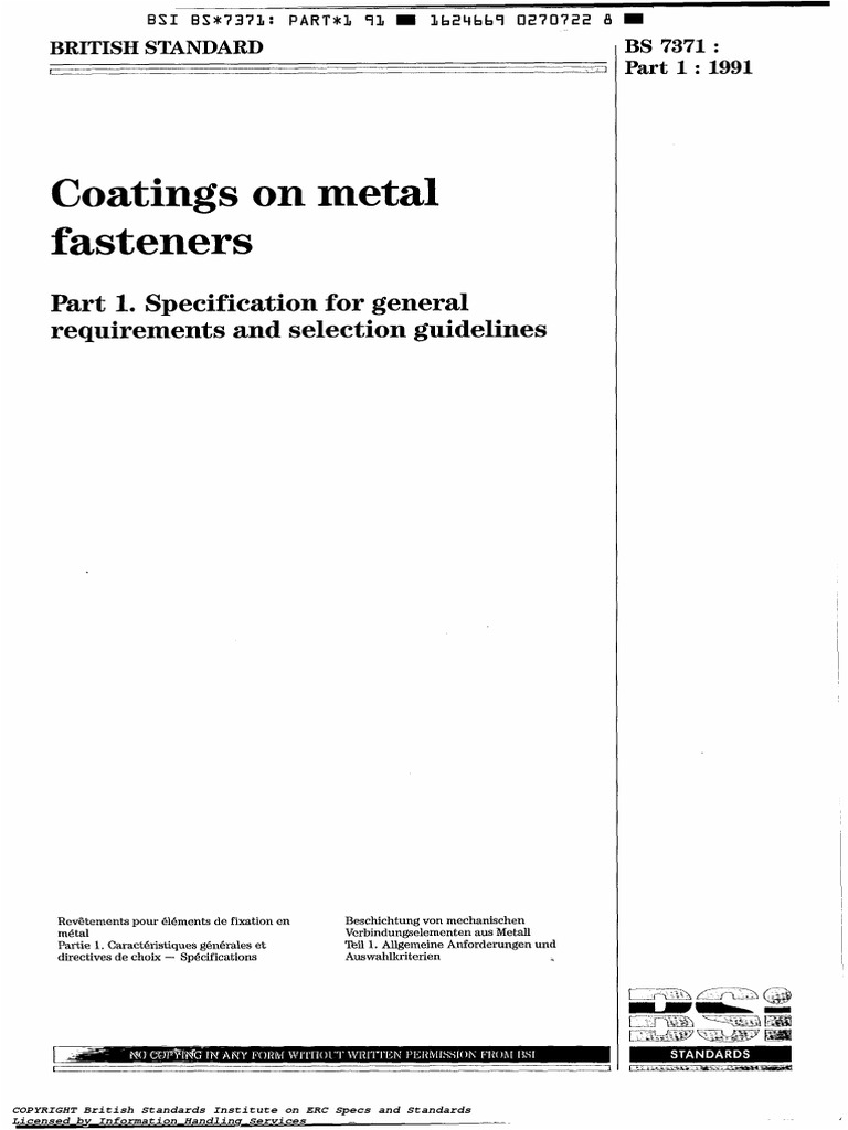 Coatings On Metal Fasteners: Part 1. Specification For General ...