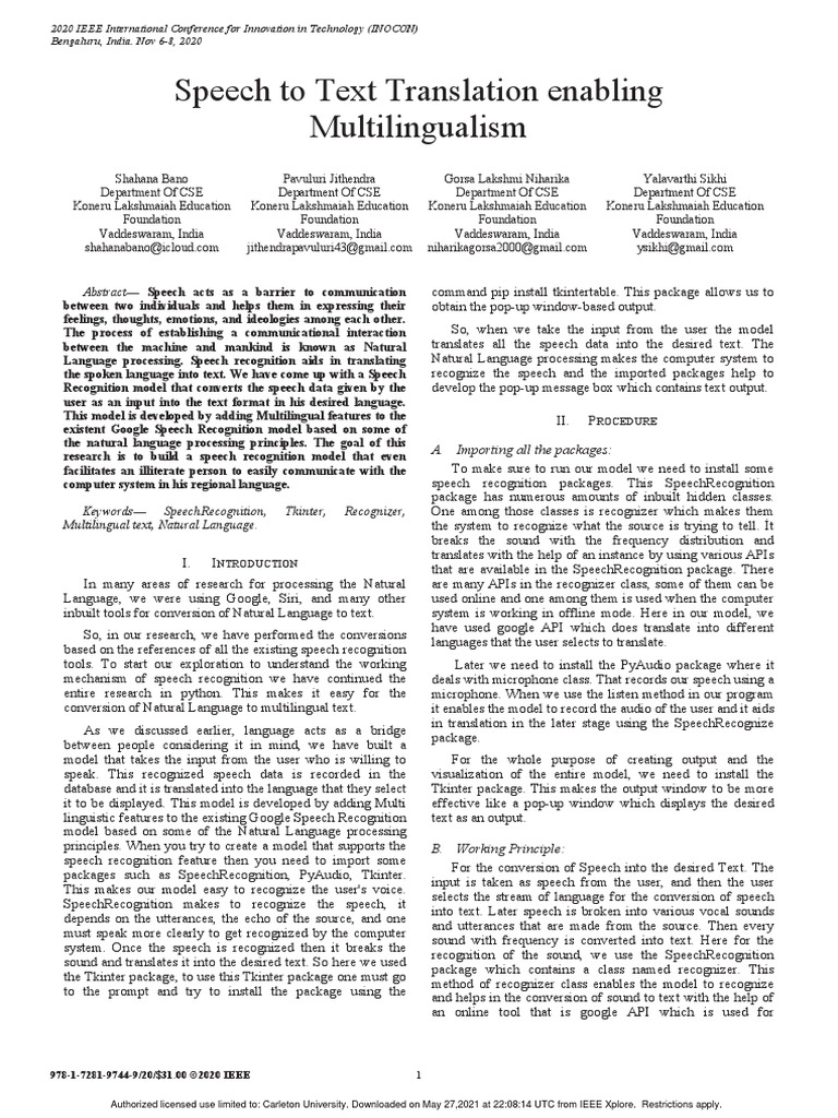 Speech To Text | PDF | Speech Recognition | Input/Output