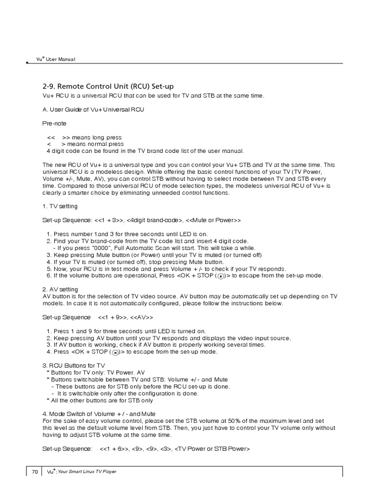 2-9. Remote Control Unit (RCU) Set-Up: Vu User Manual | PDF | Set Top ...