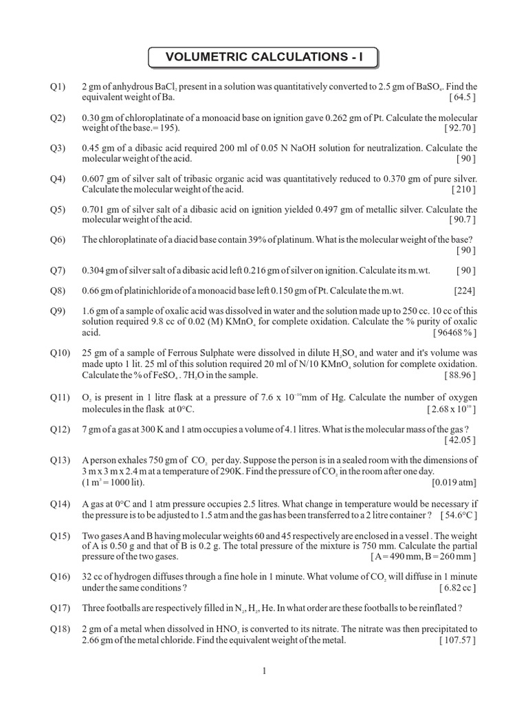Volumetric Calculations | PDF | Solution | Mole (Unit)