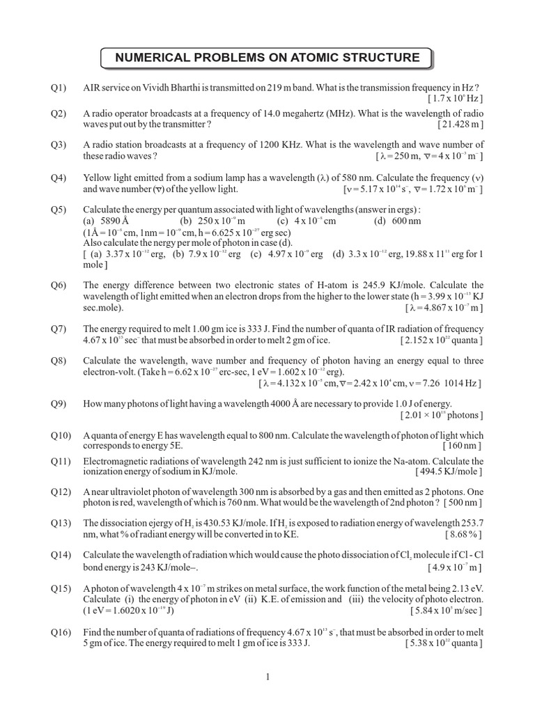 Numerical On Atomic Structure | PDF | Electron | Electromagnetic Radiation