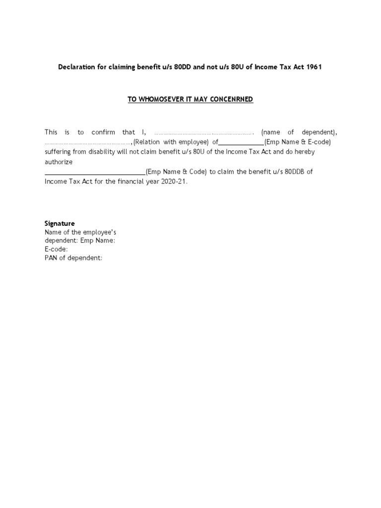 Declaration For Claiming Benefit U/s 80DD and Not U/s 80U of Income Tax ...