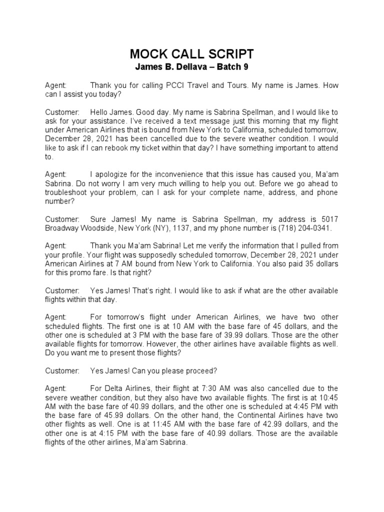 MOCK CALL SCRIPT - PCCI Travel and Tours | PDF | Airlines | Transport