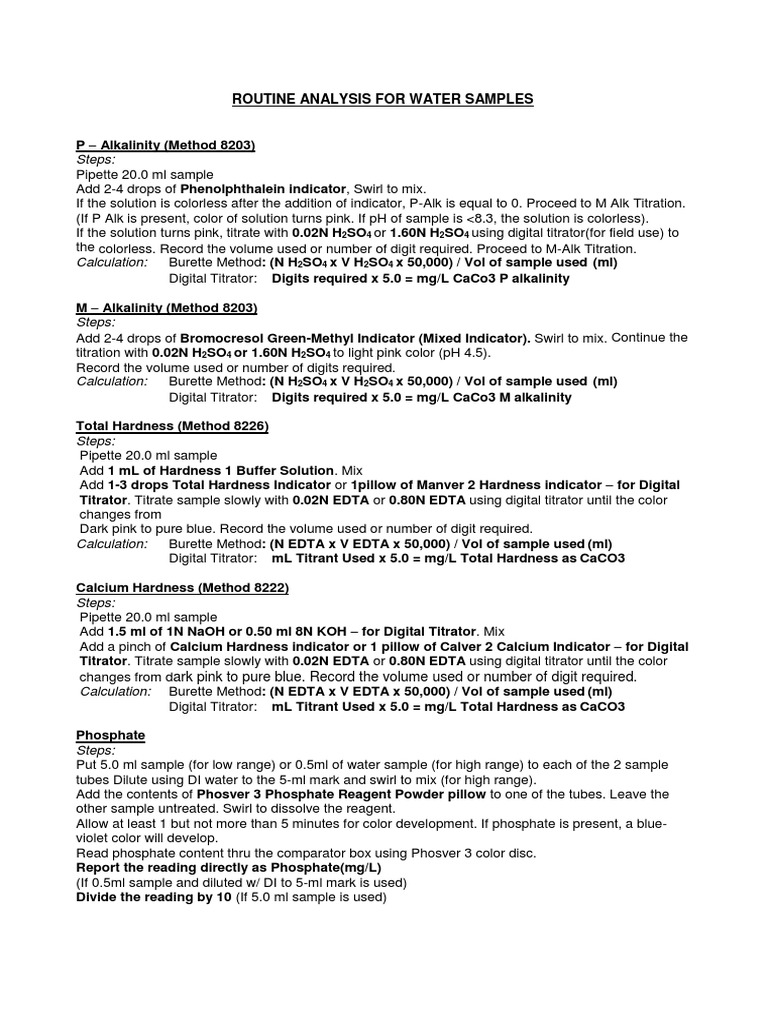 Water Analysis Procedures For Manual Water Tests | PDF | Chemistry ...
