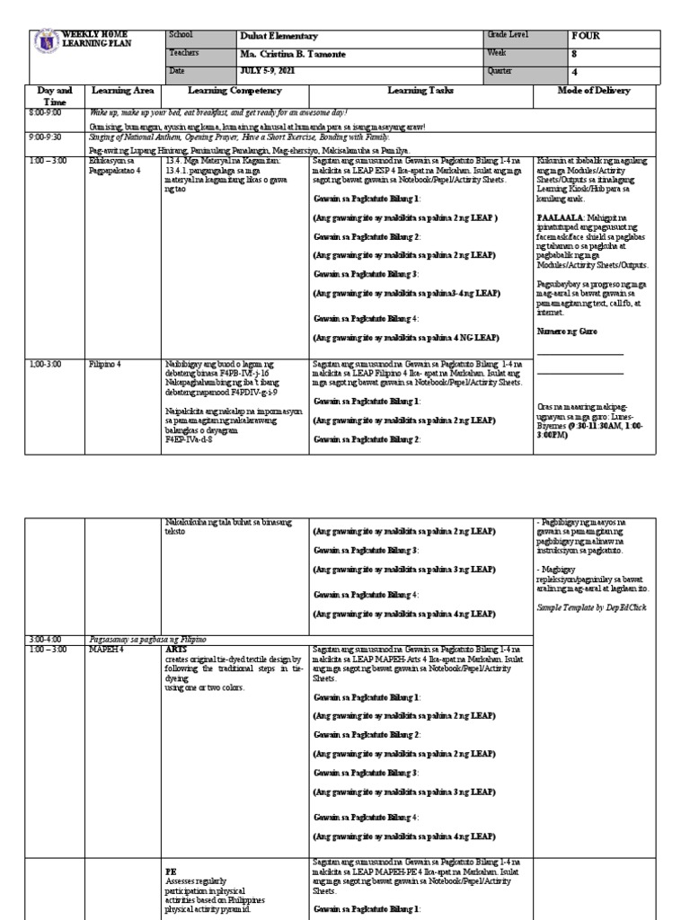 WHLP - Grade 4 (Q4 Week 8) | PDF