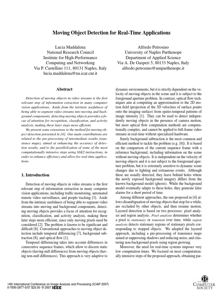Moving Object Detection For Real Time Applications Pdf Computing
