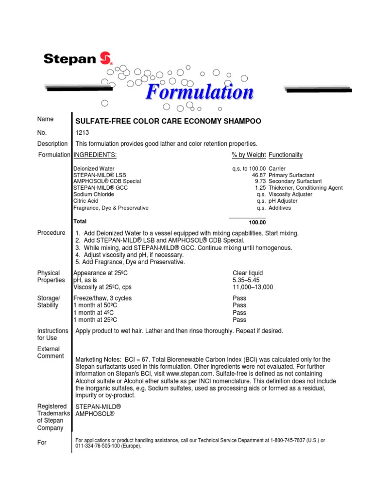 Stepan Formulation 1213 | PDF | Surfactant | Shampoo