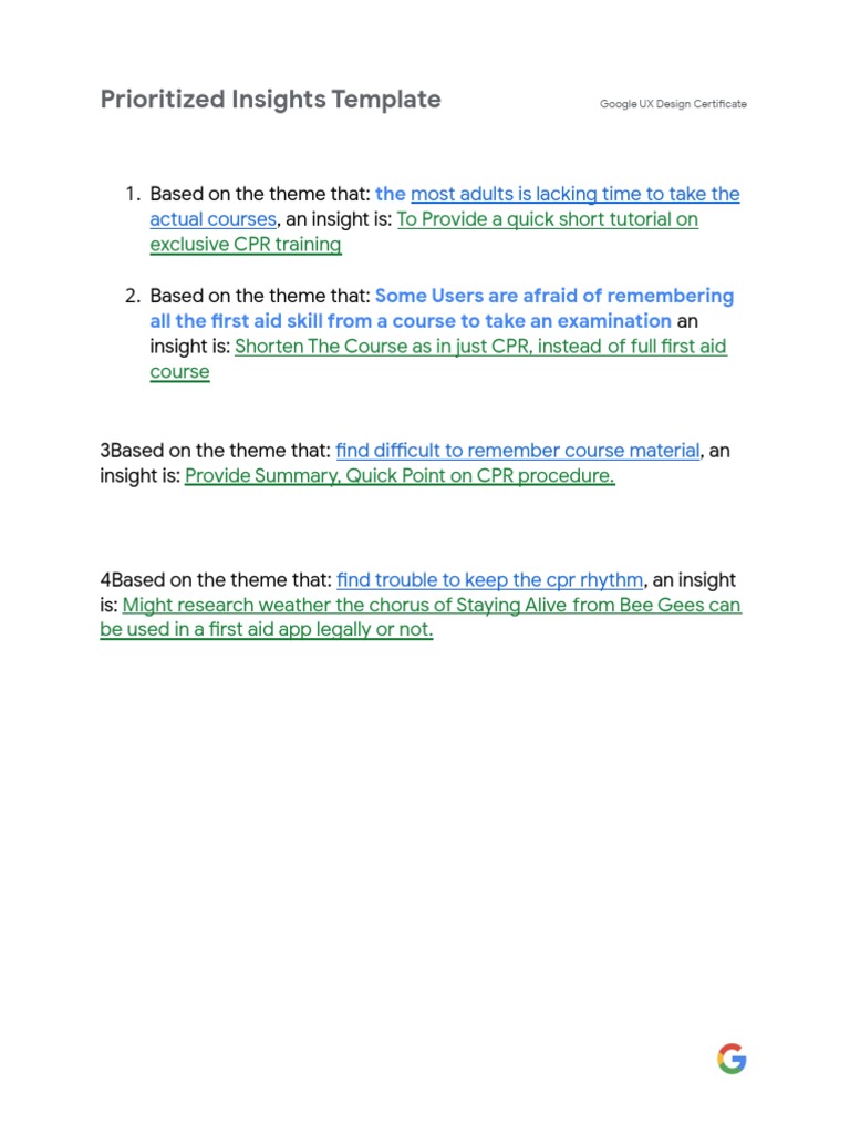 Google UX Design Certificate - Prioritized Insights (Template) | PDF