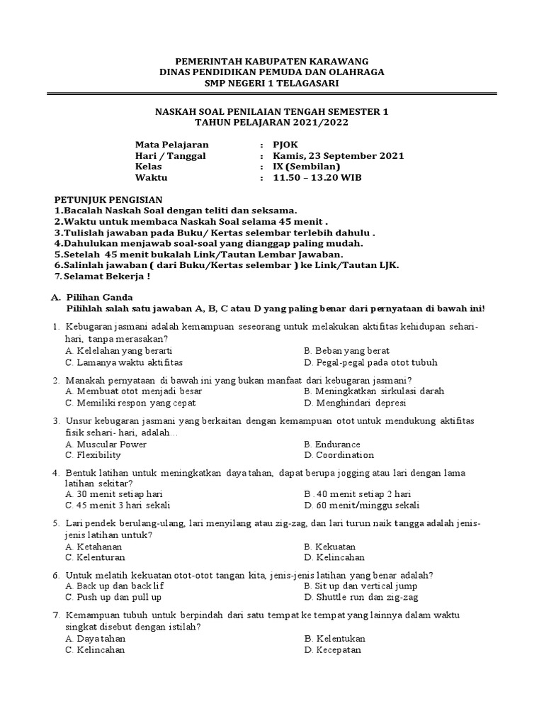 Soal PTS Pjok Kelas 9 Semester 1 (2021) | PDF