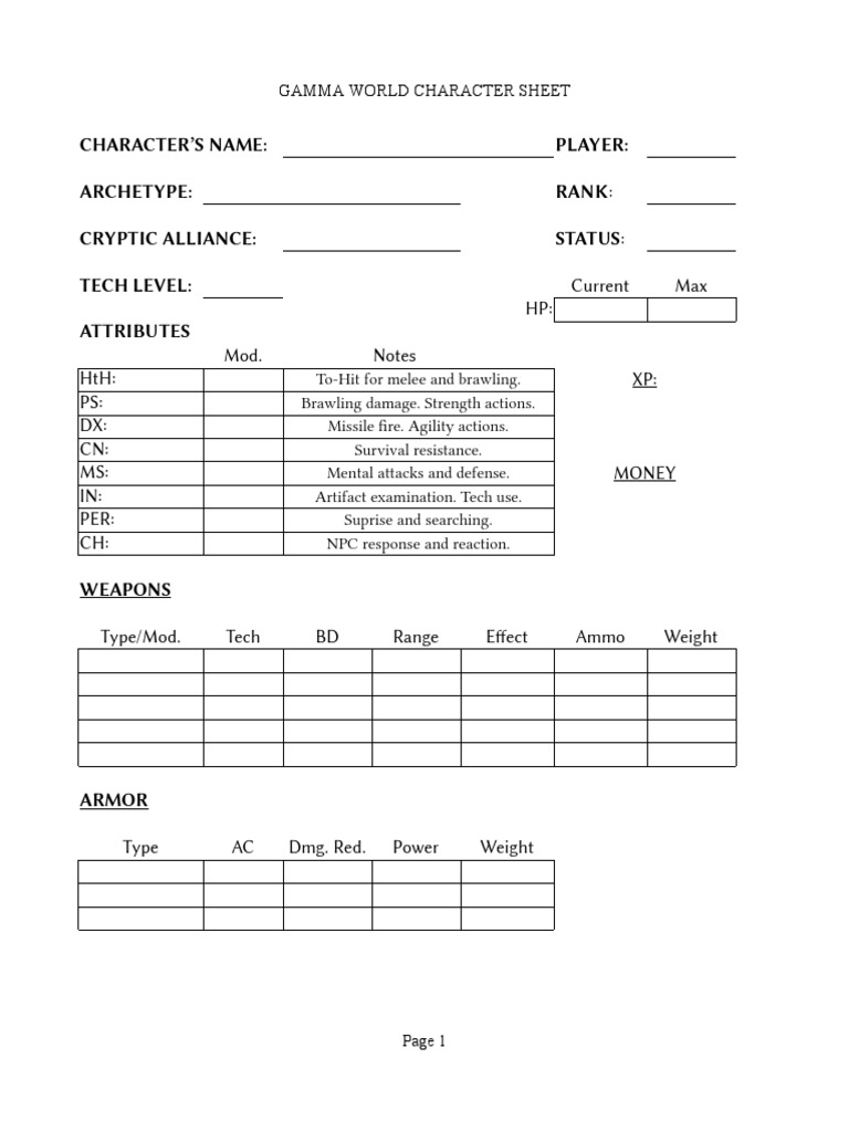 Gamma World 3rd Edition - Homebrew Character Sheet | PDF