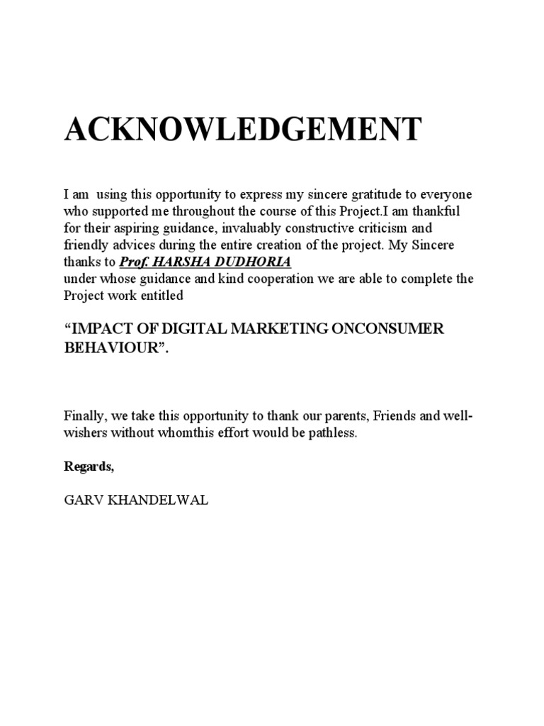 Acknowledgment for Digital Marketing Project | PDF | Career & Growth