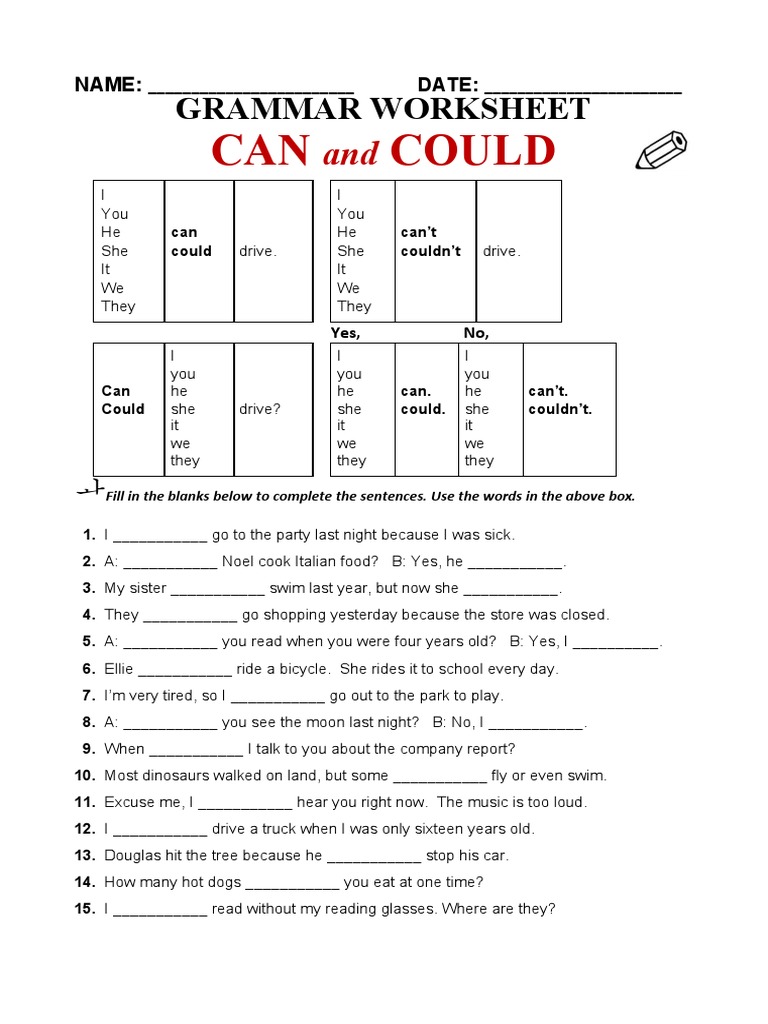 CAN Could: Grammar Worksheet | PDF | Cognition