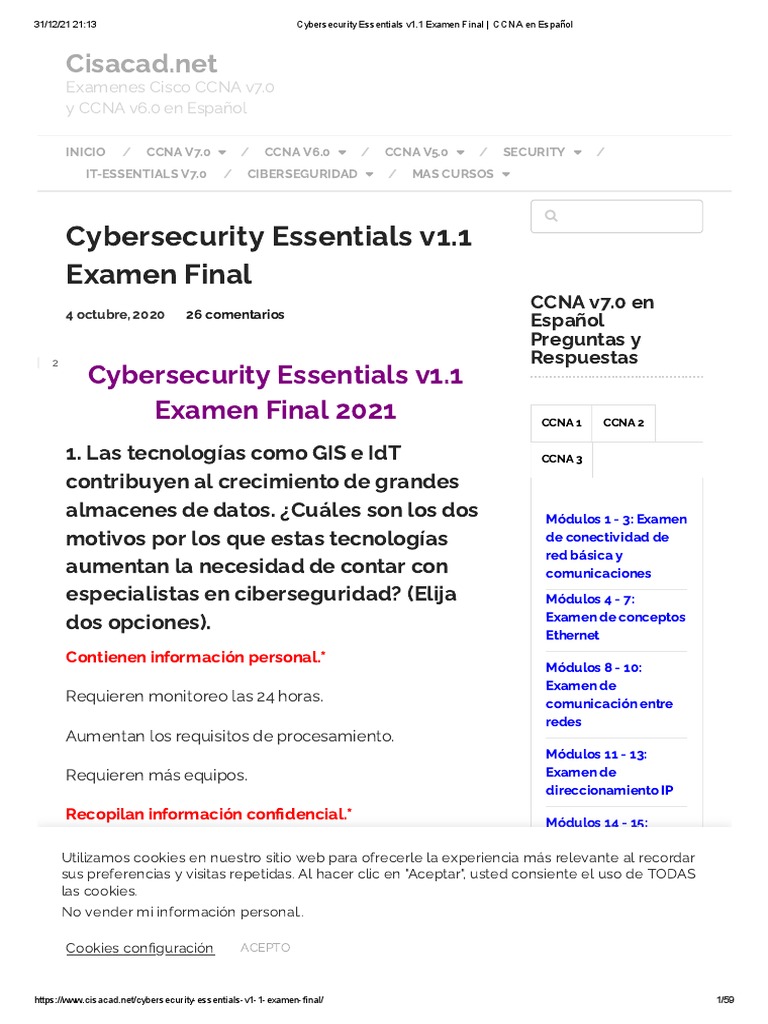 Cybersecurity Essentials v1.1 Examen Final - CCNA en Español | PDF ...