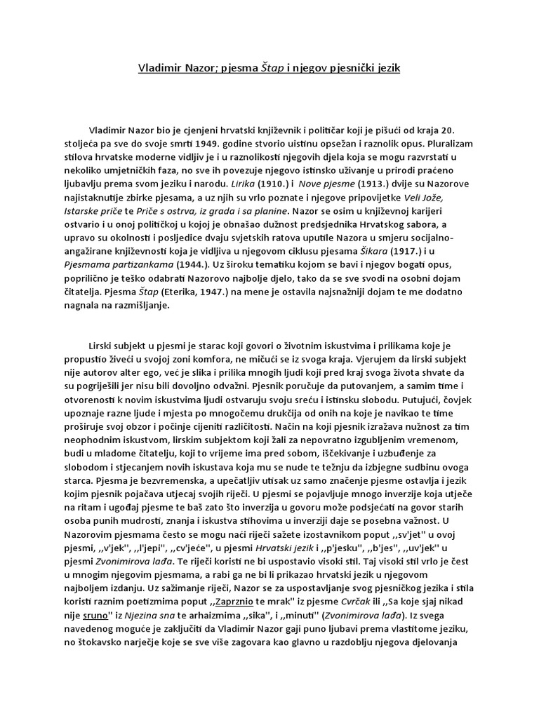 Vladimir Nazor Pjesma Štap I Njegov Pjesnički Jezik | PDF