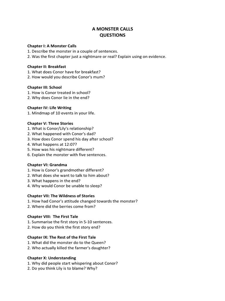 A Monster Calls - Chapter Questions | PDF | Language Arts & Discipline ...