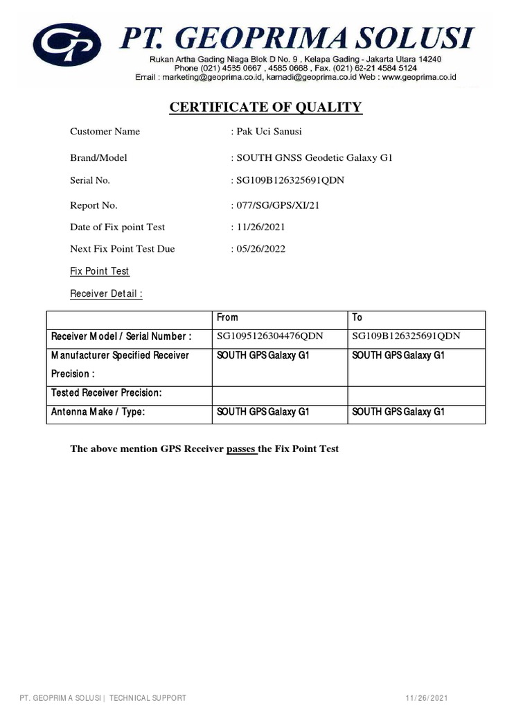 Certificate of Quality: Fix Point Test Receiver Detail | PDF | Global ...