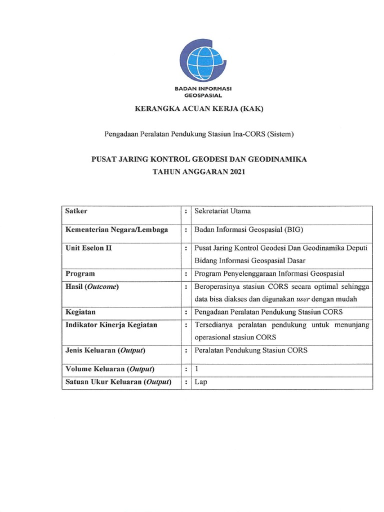 KAK Pengadaan Peralatan Pendukung Stasiun InaCORS Sistem | PDF