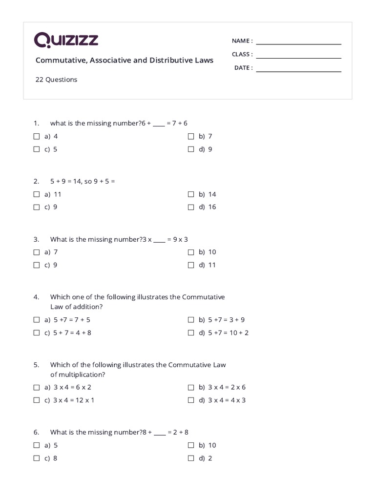 Commutative, Associative and Distributive Laws Print - Quizizz | PDF ...