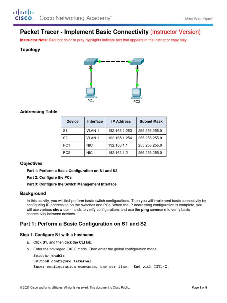 8.5.1.3 Packet Tracer - Implementing Basic Connectivity - ILM | PDF | Ip Address | Command Line ...