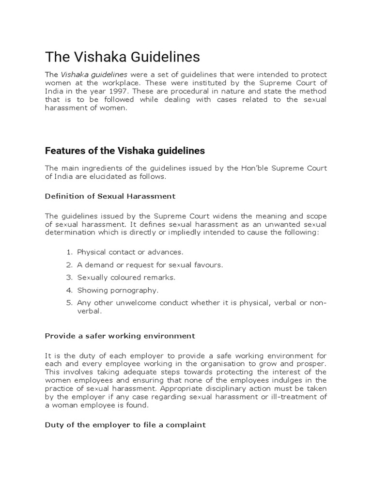 Vishaka Guidelines for Workplace Safety | PDF | Sexual Harassment ...