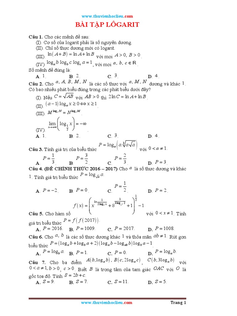 Bai Tap Trac Nghiem Logarit Co Dap An | PDF