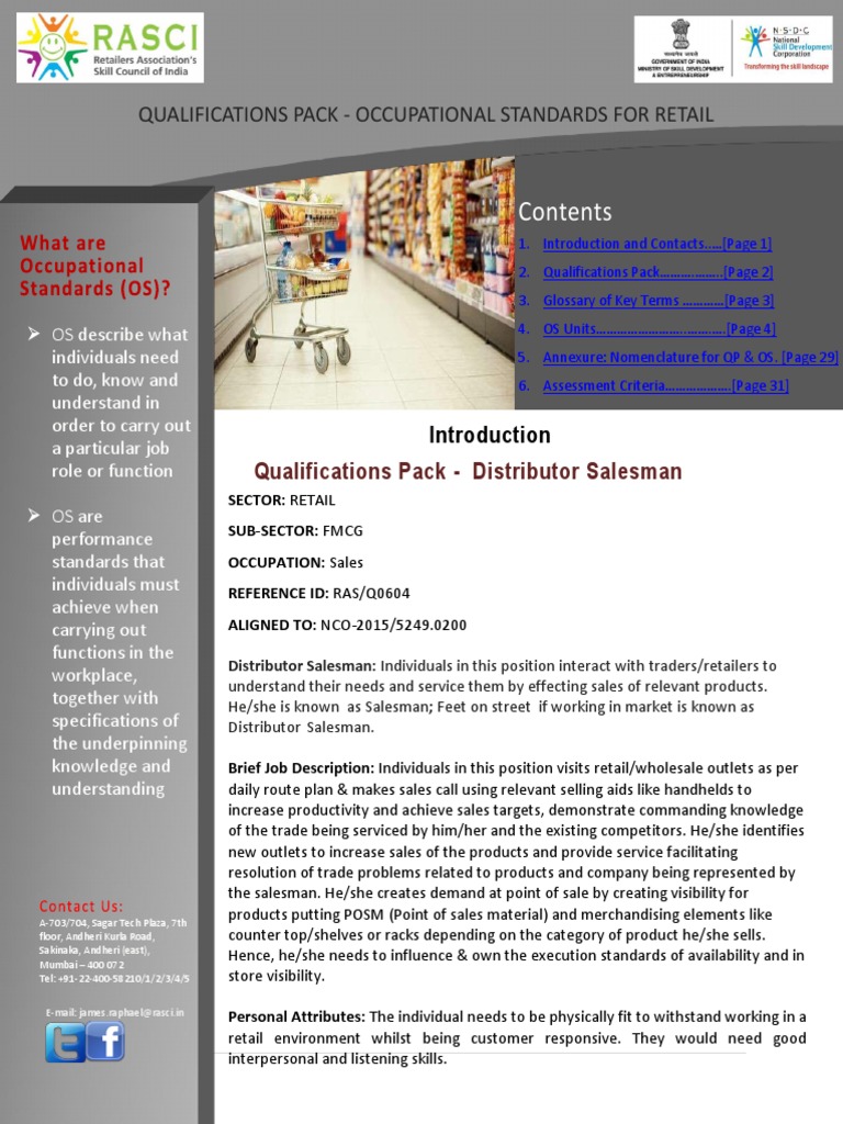 RASCI Qualifications Pack 0604 - Distributor Salesman | PDF | Sales | Retail
