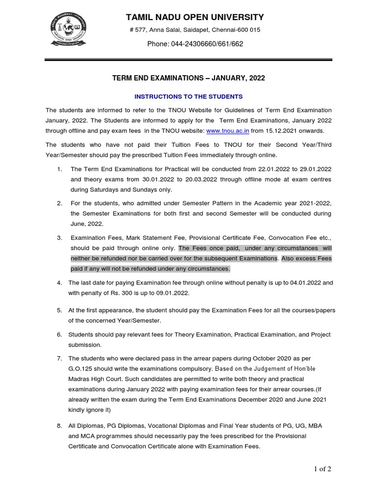 TNOU January 2022 Exam Instructions | PDF | Fee | Academic Term