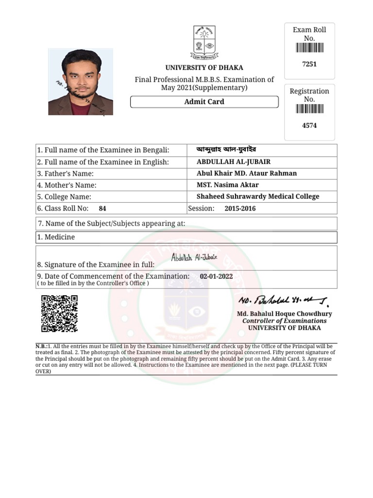 University of Dhaka 7251: Admit Card | PDF