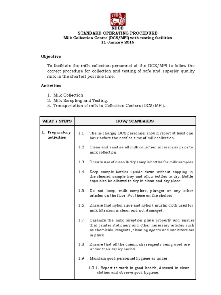 Sop Milk Collection Centres With Testing Facilities | PDF | Calibration ...