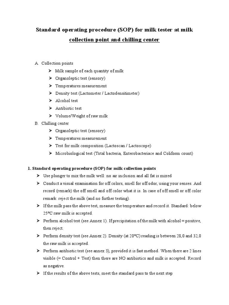 SOP For Milk Tester at Milk Collection Point and Chilling Center | PDF ...