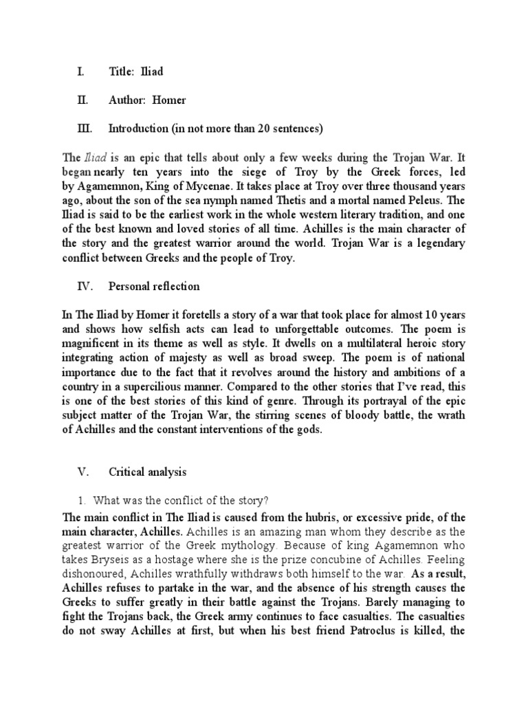 The Iliad Is An Epic That Tells About Only A Few Weeks During The ...