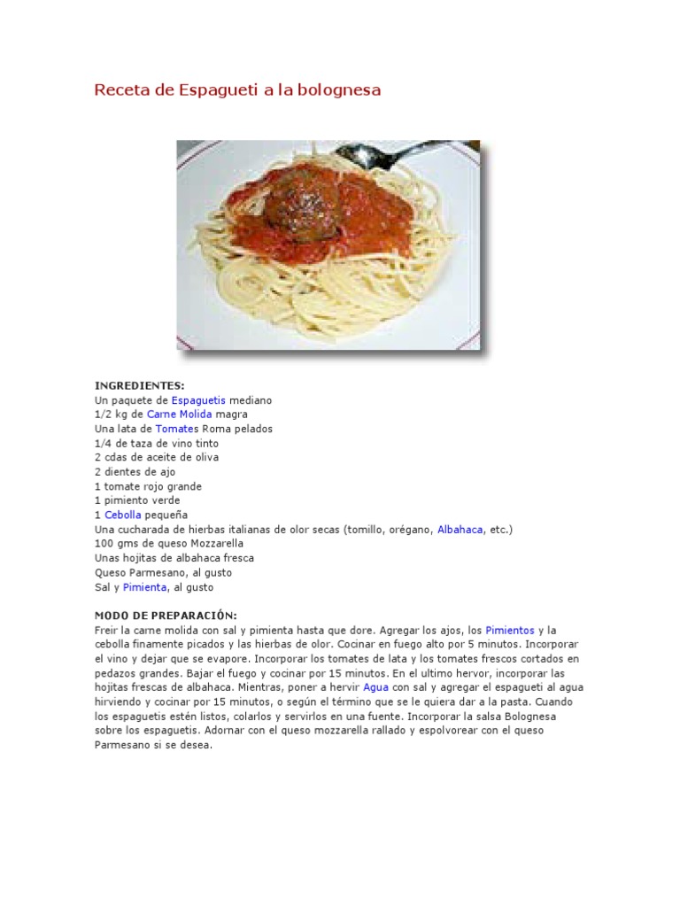 Receta de Espagueti A La Bolognesa | Descargar gratis PDF | Espaguetis ...