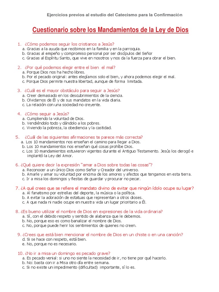 Cuestionario sobre los 10 Mandamientos | PDF | Oración | Amor