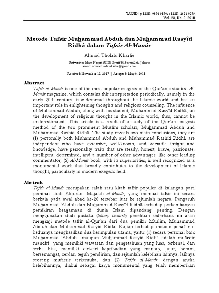 Metode Tafsir Muhammad Abduh Dan Muhammad Rasyîd Ridhâ Dalam Tafsîr Al ...