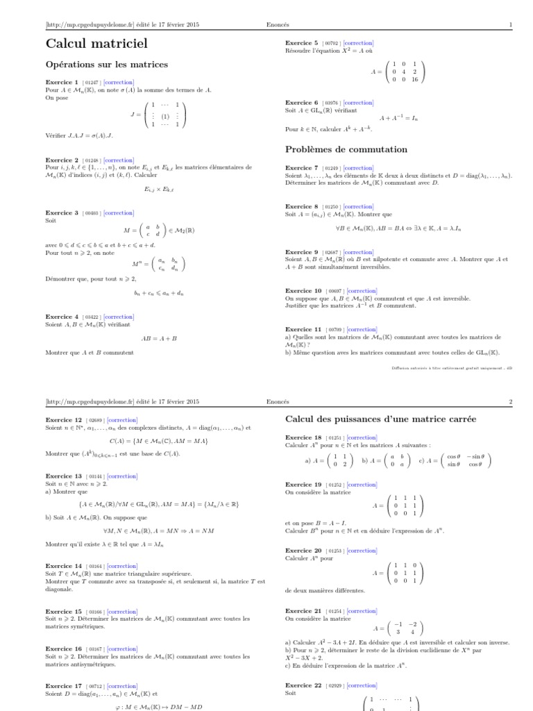 Calcul Matriciel | PDF | Matrice (Mathématiques) | Base (algèbre linéaire)