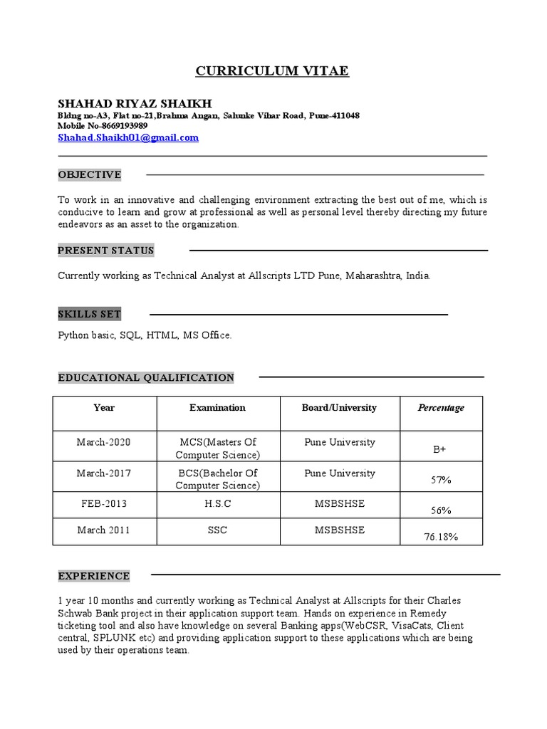 Curriculum Vitae: Shahad Riyaz Shaikh | PDF | Résumé