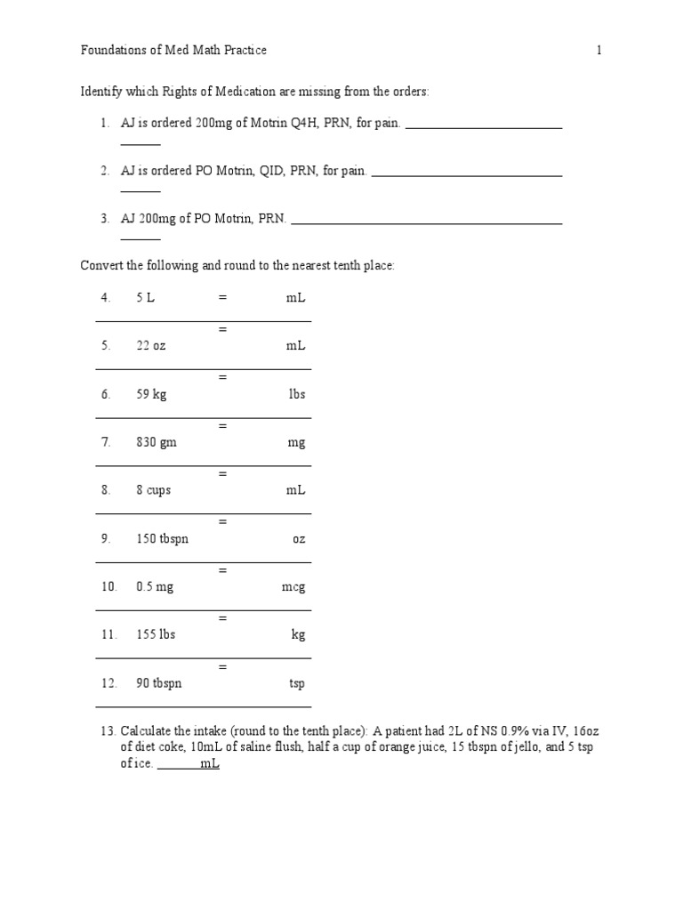 Foundations of Med Math Practice Questions | PDF | Health Care | Drugs